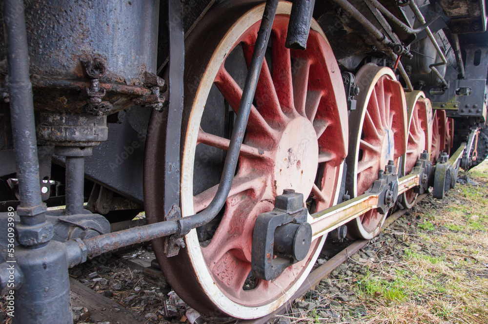 Drive transmission mechanism in a historic and damaged steam locomotive ...