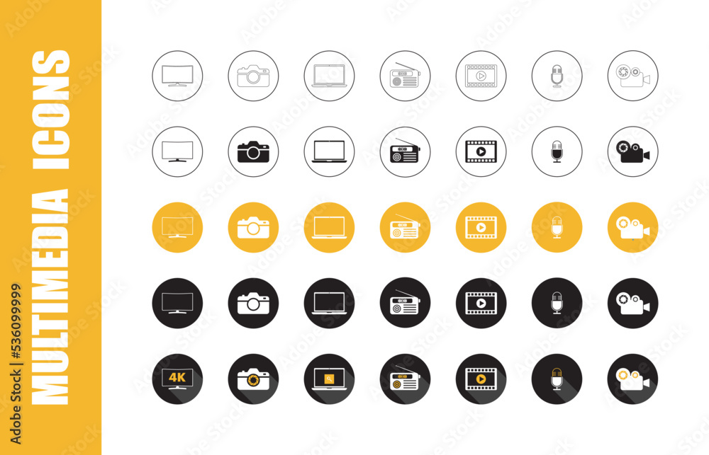 5 different multimedia icon collections in vector format total 35 icons ...
