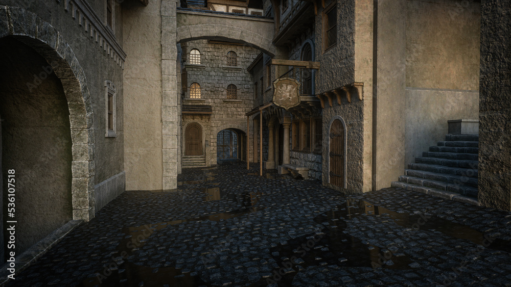 Cobblestone street with tavern in an old medieval town. 3D rendering ...