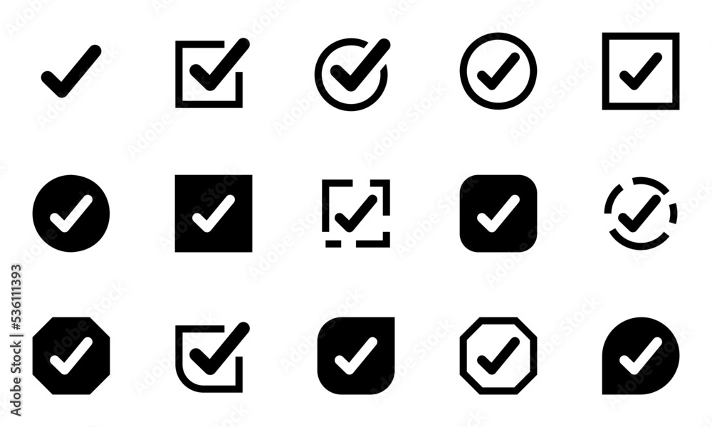 Conjunto de iconos de verificación. Aprobado, correcto, visto, muy bien ...