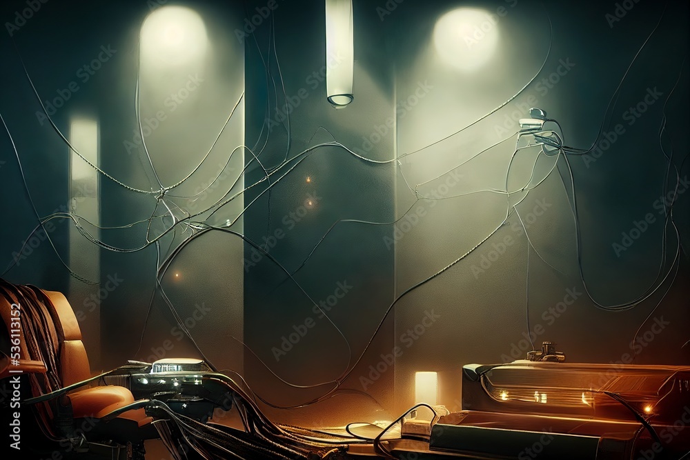 dark sci-fi futuristic cyberpunk room with wires and cables landscape ...
