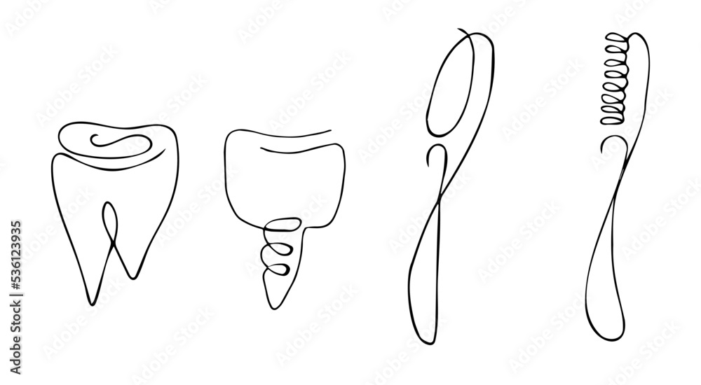 Tooth and toothbrush. Contour work in the style of line art. One line ...