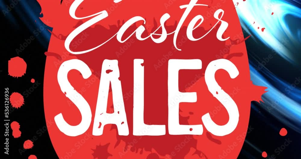 Animation of easter sales text in egg with red splash against blue ...