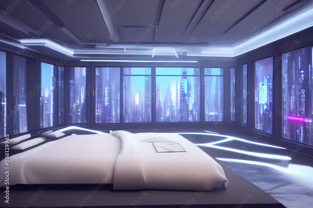 Luxurious futuristic bright and spacious bedroom with huge floor-to ...