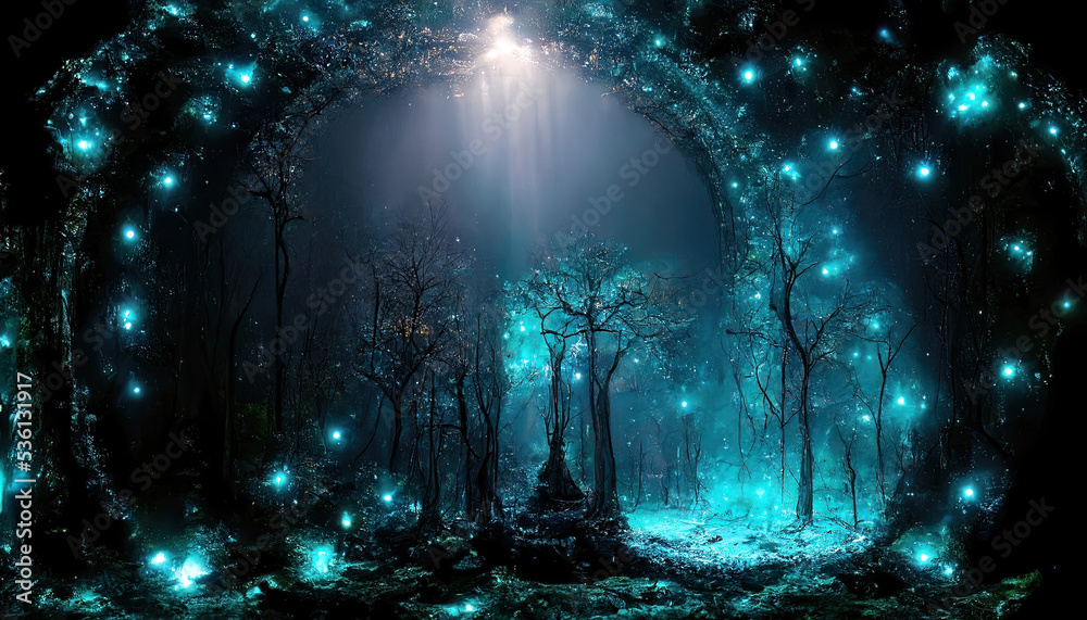 Dark mysterious forest with a magical magic mirror, a portal to another ...