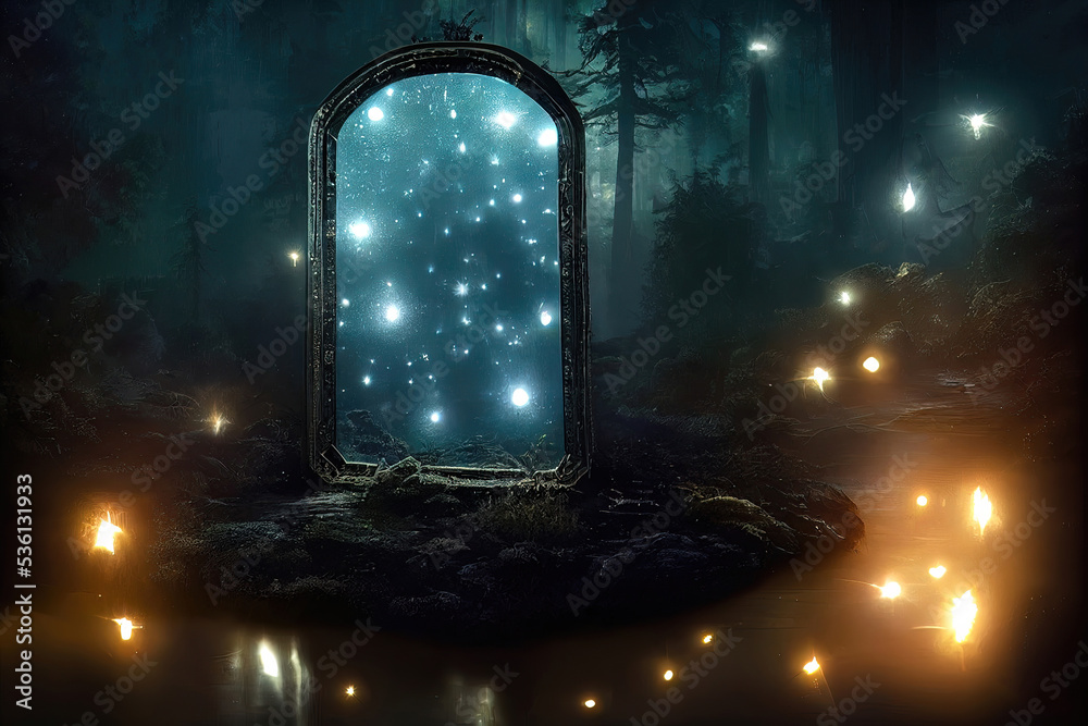 Dark mysterious forest with a magical magic mirror, a portal to another ...