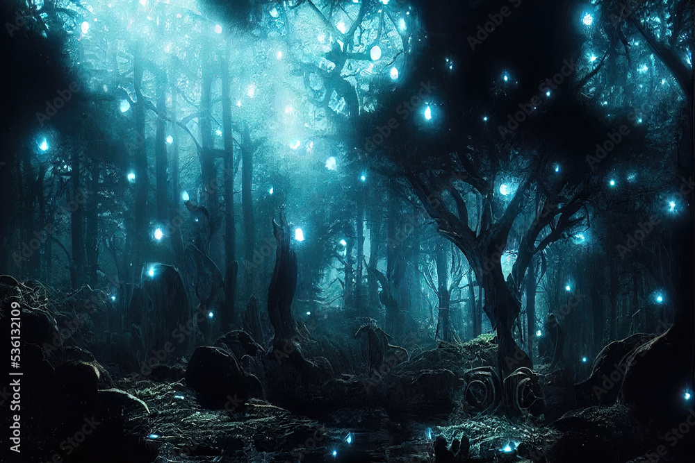 Dark mysterious forest with a magical magic mirror, a portal to another ...