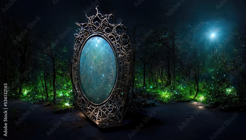 Dark mysterious forest with a magical magic mirror, a portal to another ...