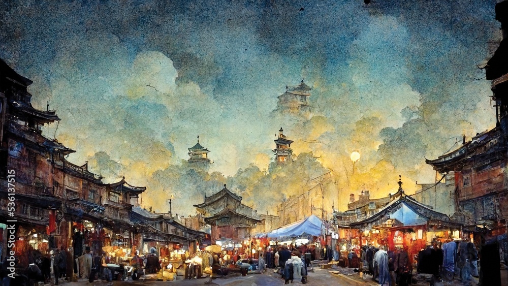 Watercolor painting of chinese market, evening cityscape scene, chinese ...