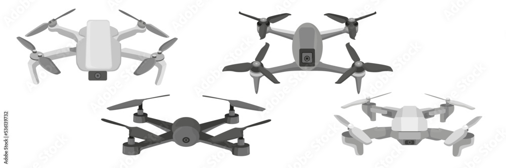Set of colorful drones in cartoon style. Vector illustration of ...