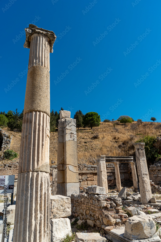 Fotka „Columns and ruins of the Basilica Stoa in Ephesus. The Ionic ...