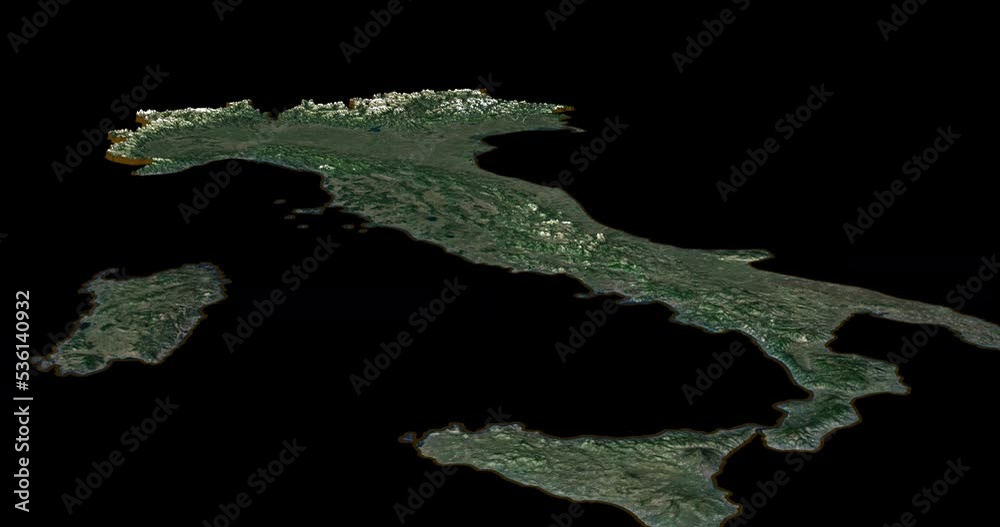 Italy south to north map with 3d relief 4K satellite ground low height ...