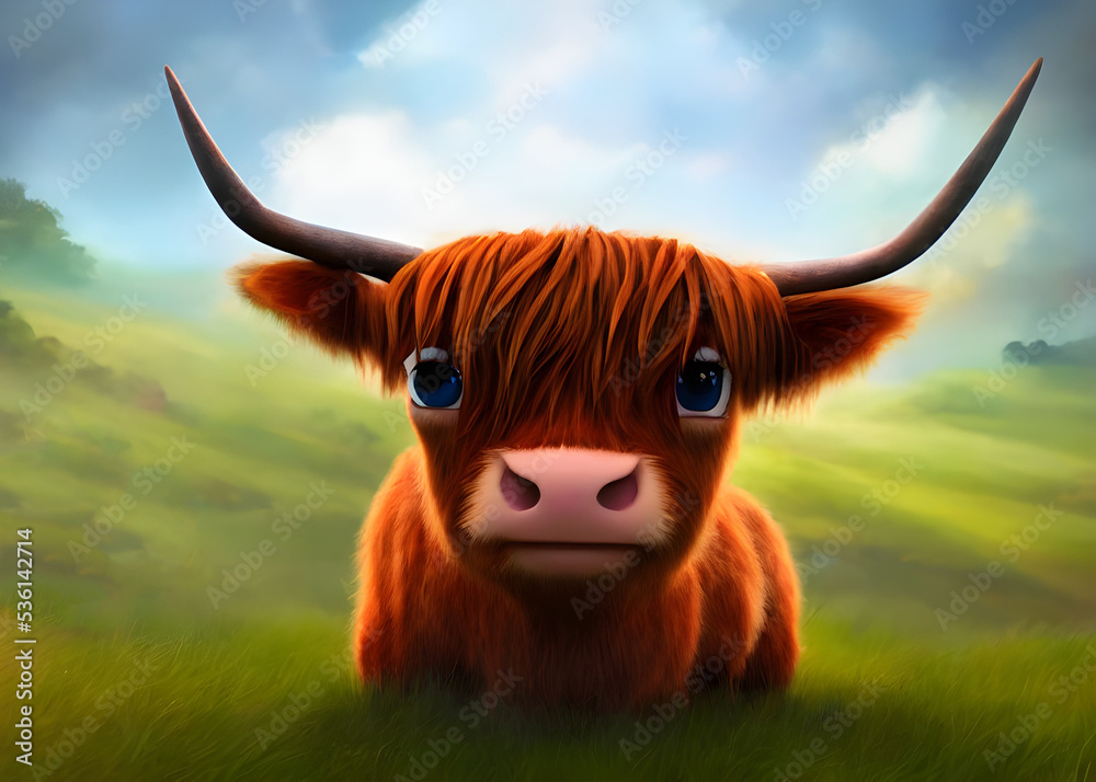 Glückliches Comic Highland Rind auf der Weide Stock Illustration ...