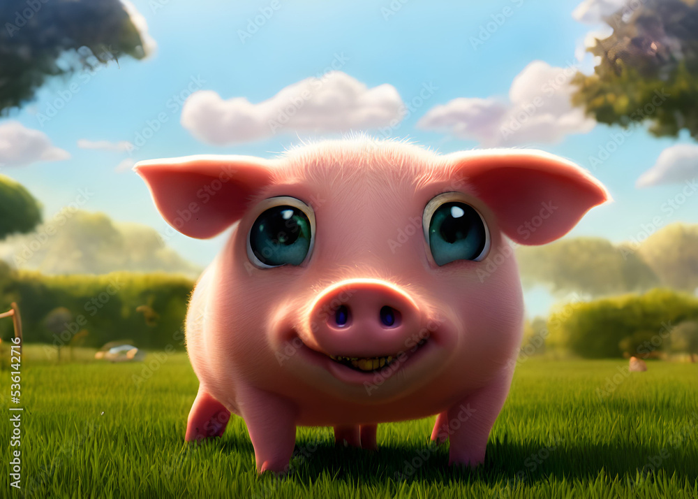 Glückliches Comic Schwein auf der Weide Stock イラスト | Adobe Stock