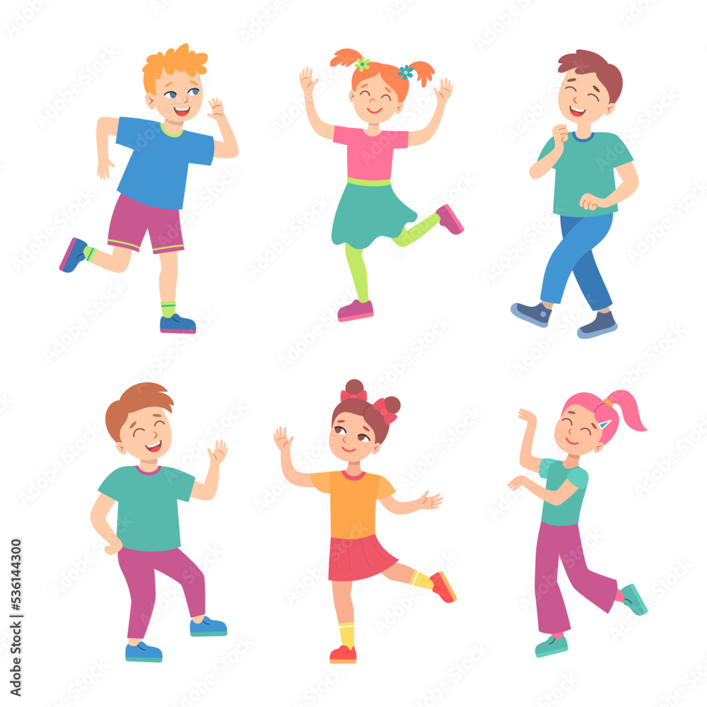 Cute cartoon children dancing together vector illustrations set ...