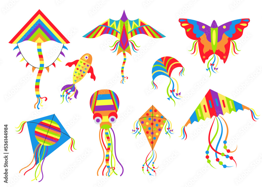 Kites of different types vector illustrations set. Designs of flying ...