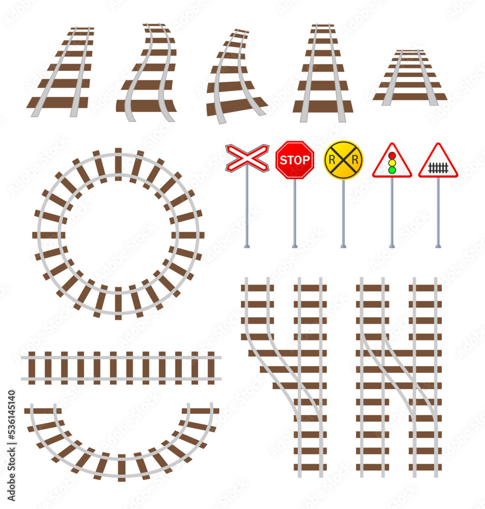 Naklejka Set of tracks and traffic signs for train or tram. Vector ...