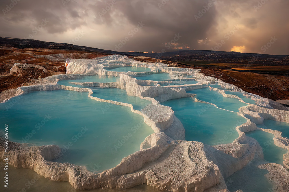 Fantasy landscape. Mineral thermal springs. Natural travertine pool ...