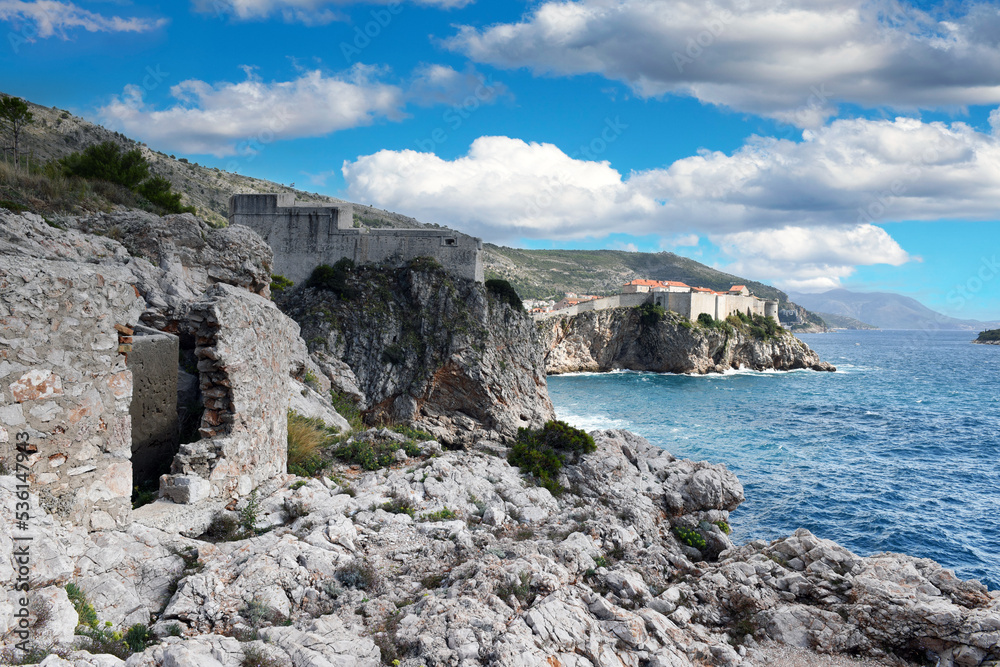 Medieval Lovrijenac Fort at the northern harbor entrance from the old ...