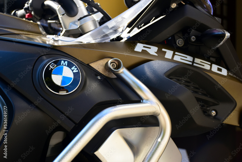 BMW R 1250 GS motorcycle closeup view with blue and white circular logo ...