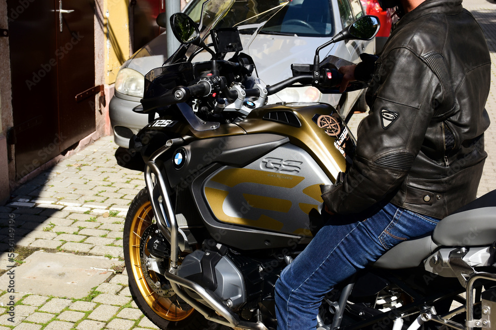 BMW R 1250 GS motorcycle closeup view with blue and white circular logo ...