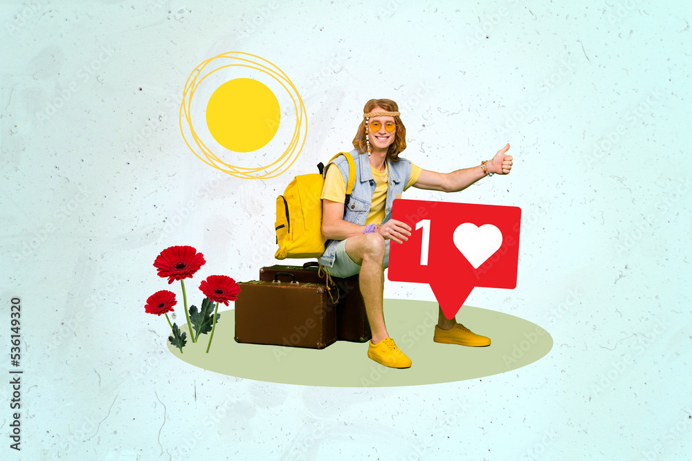 Creative collage picture of positive guy sit suitcase hold like ...