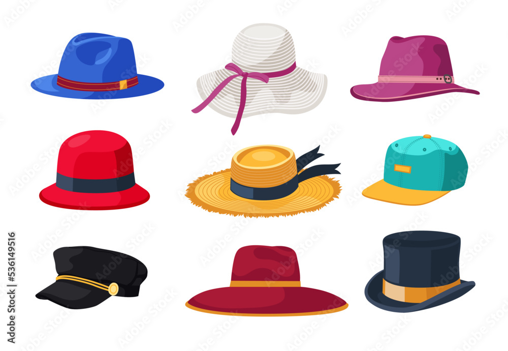 Hats and caps for men and women cartoon vector illustrations set. Retro ...