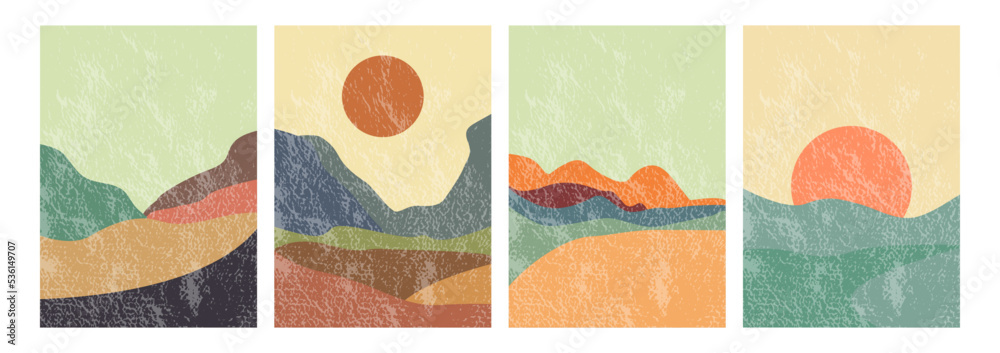 Vector illustration. Posters with views of mountains, hills, sun and ...
