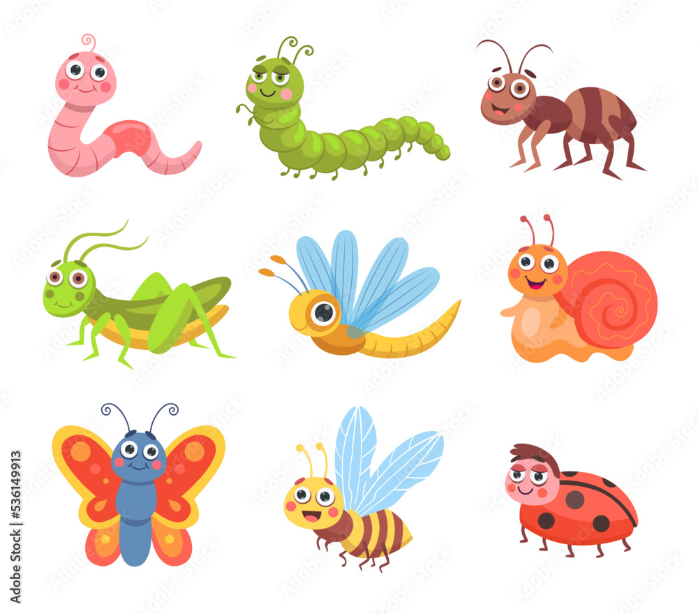 Cute cartoon insects set. Vector illustrations of forest or garden ...