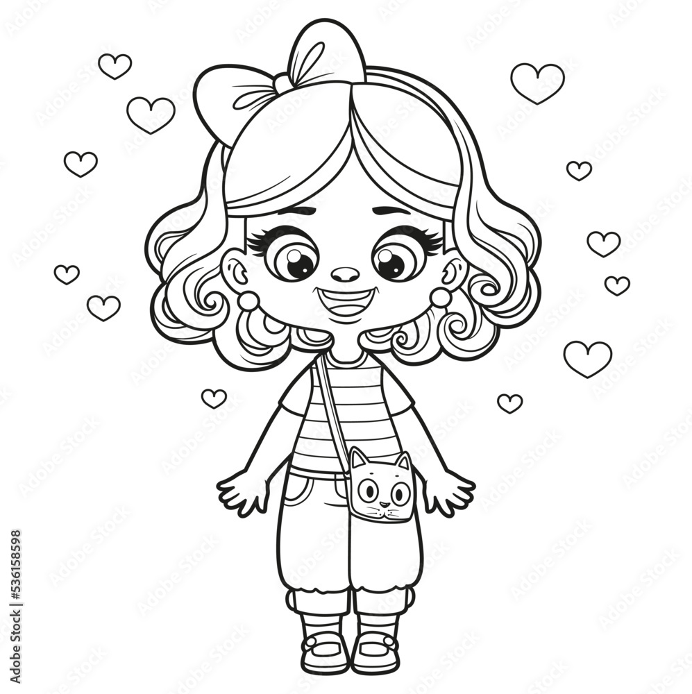 Cute cartoon girl with a cat bag outlined for coloring page on white ...