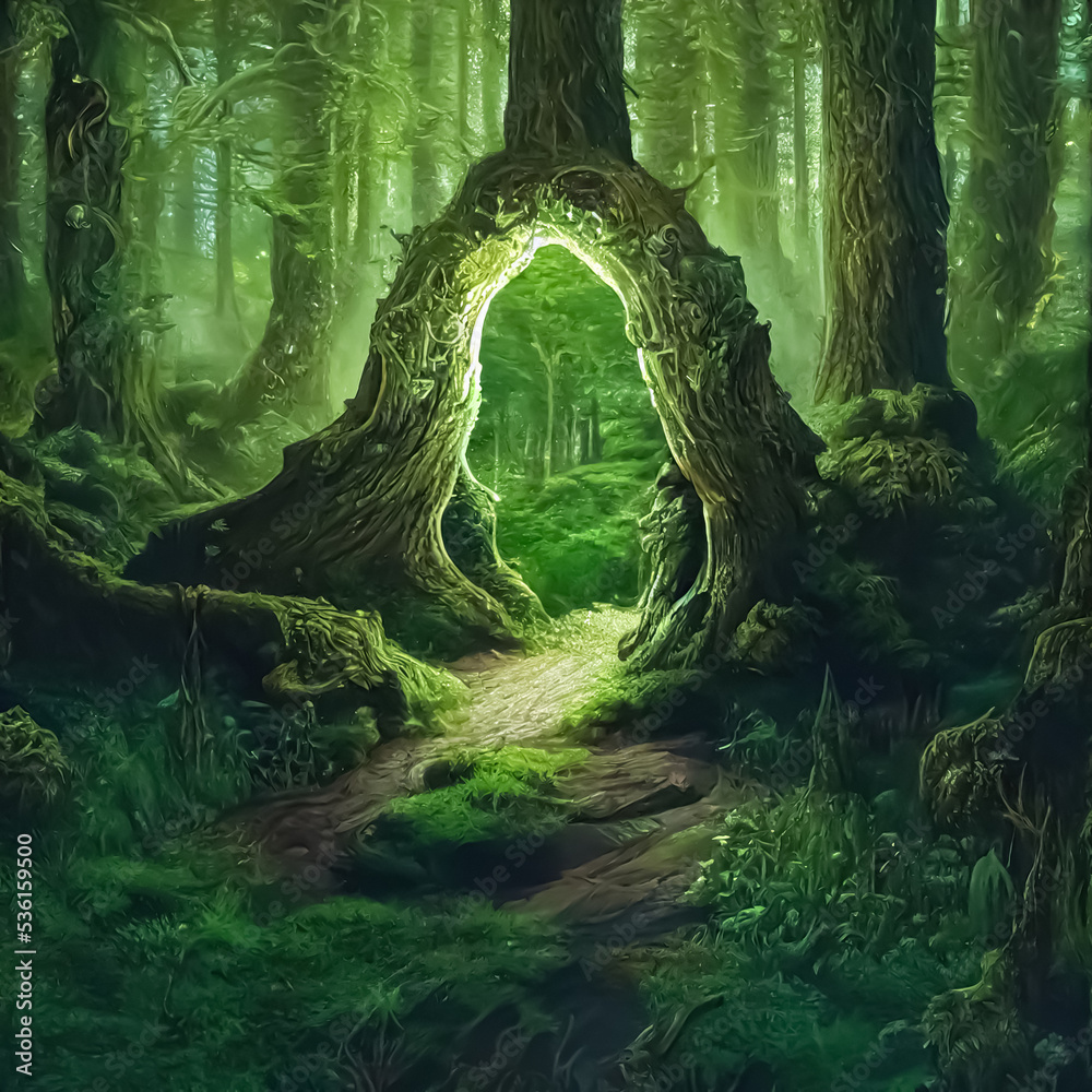 Magic teleport portal in mystic fairy tale forest. Gate to parallel ...