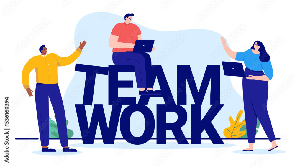 Teamwork vector illustration of team of business people working ...