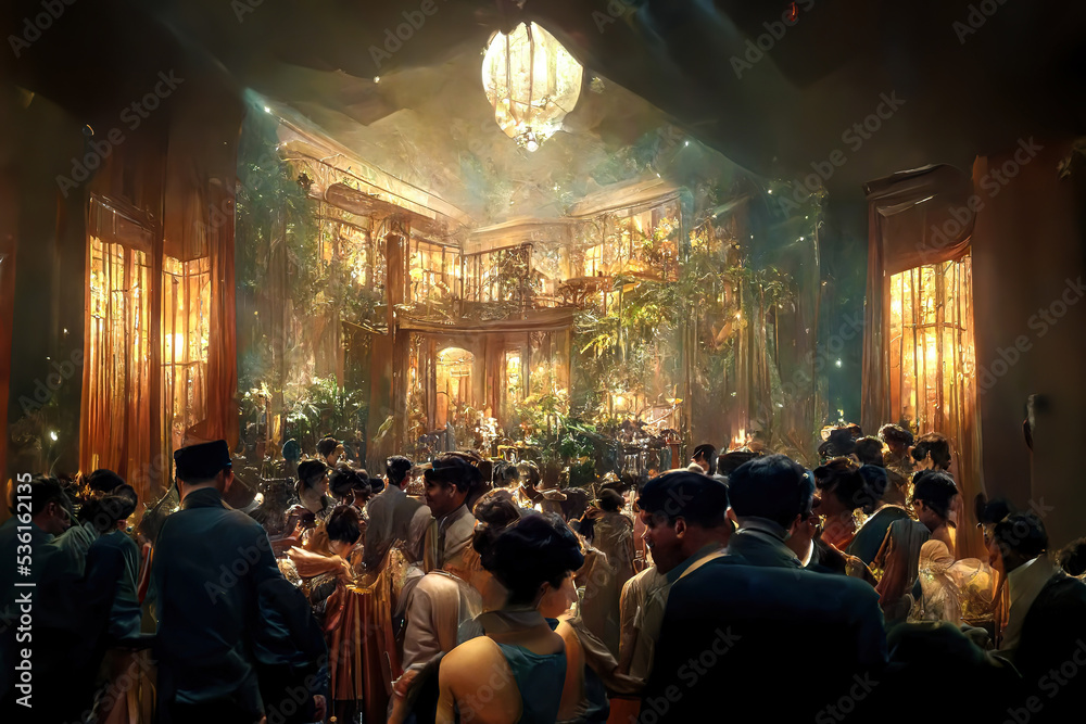 A glitter ball. Cinematic interior of glamour art deco, vintage mansion ...