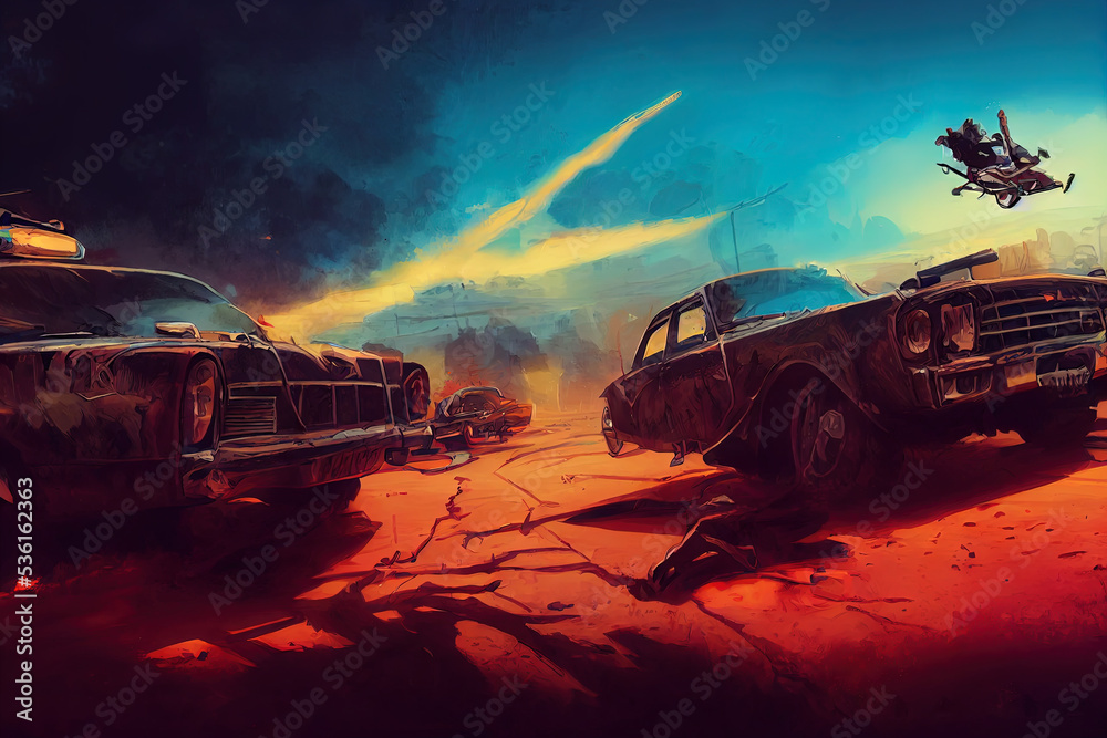 Digital illustration of a car chase. Dust and high speed in a retro ...
