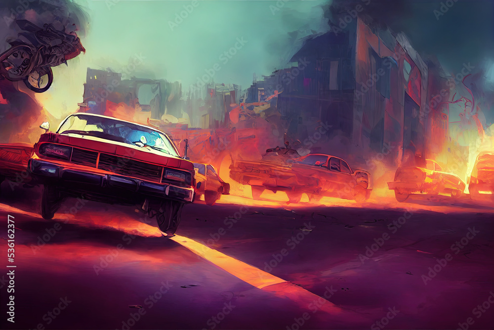 Digital concept art of a high speed automobile chase. Dangerous ...