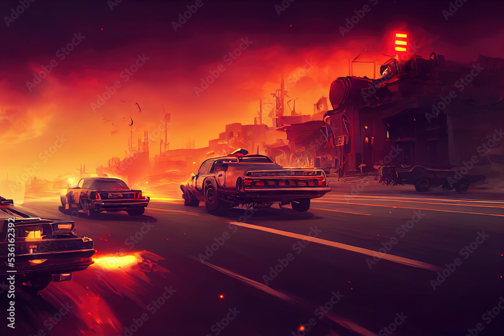 Digital Illustration Of A Car Chase Dust And High Speed In A Retro digital-illustration-of-a-car-chase-dust-and-high-speed-in-a-retro