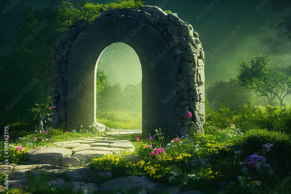 stone portal in the middle of the garden of Eden, lush green foliage ...