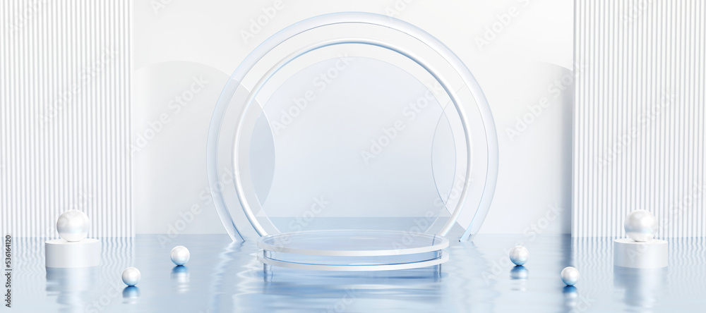 Transparent glass podium with abstract art objects. Stand to show ...