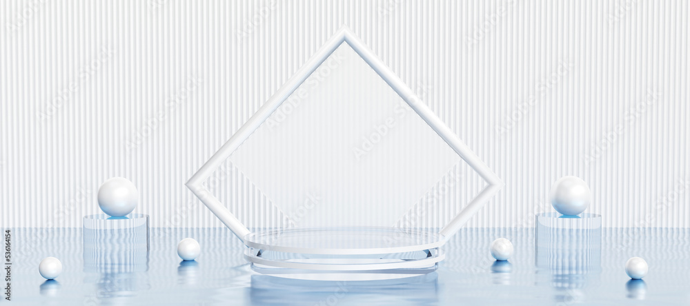 Transparent glass podium with white decorative objects. Stand to show ...