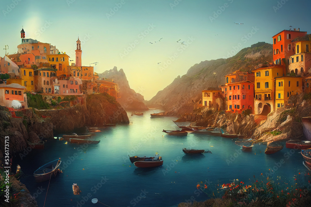 Beautiful fantasy italian village next to a lake, mountains, clouds ...