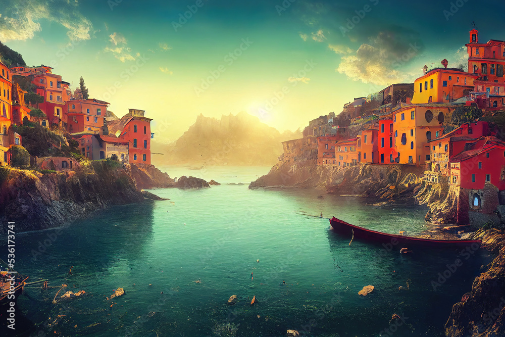 Beautiful fantasy italian village next to a lake, mountains, clouds ...