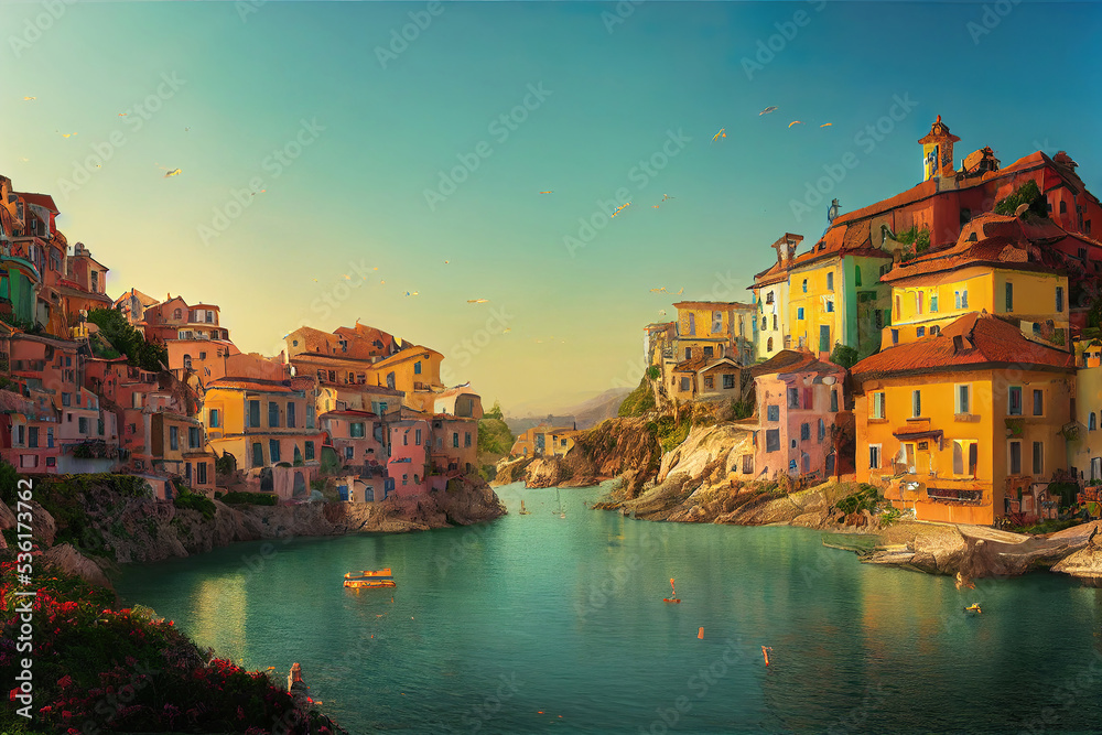 Beautiful fantasy italian village next to a lake, mountains, clouds ...