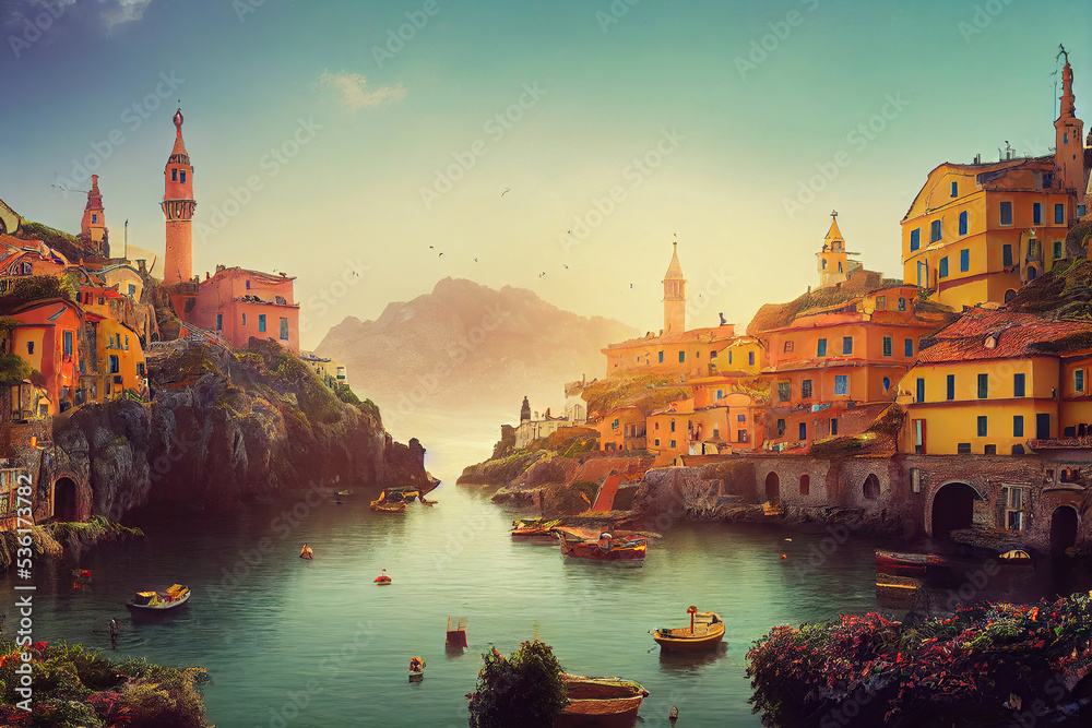 Beautiful fantasy italian village next to a lake, mountains, clouds ...