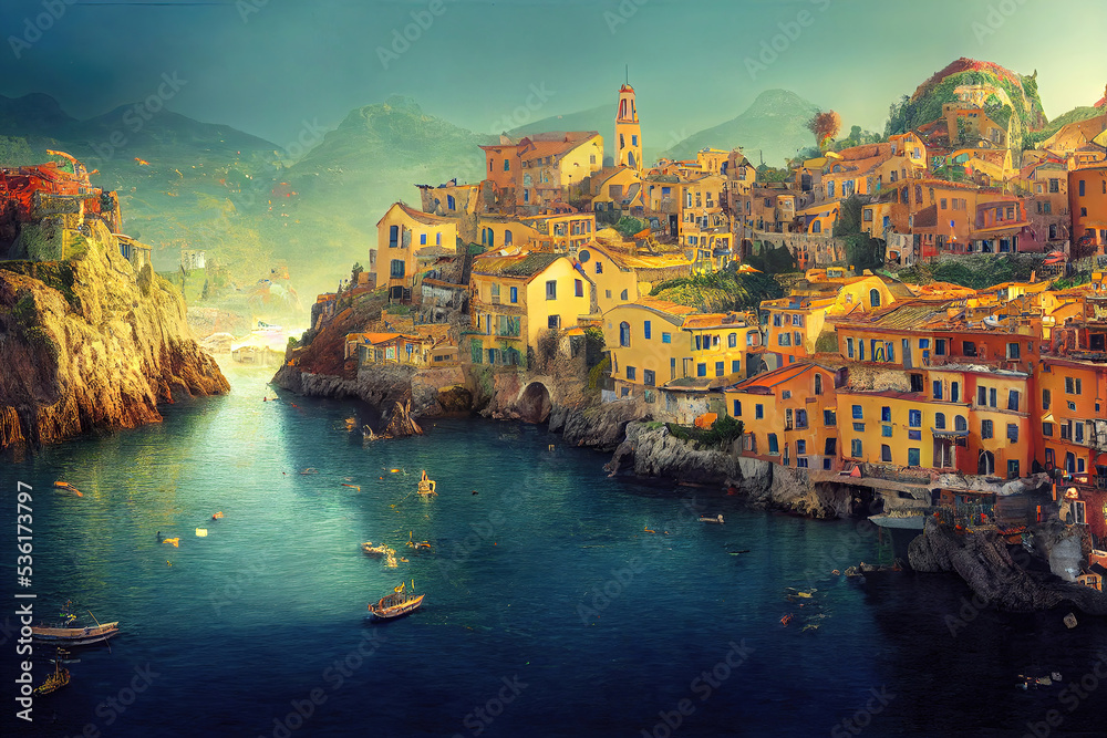 Beautiful fantasy italian village next to a lake, mountains, clouds ...