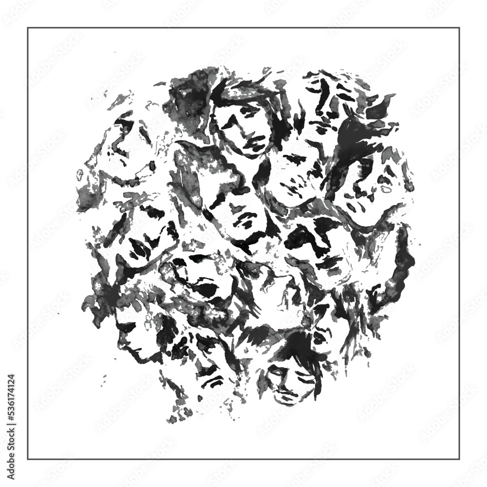 Faces of people with emotions of grief and suffering. An ink - drawn ...