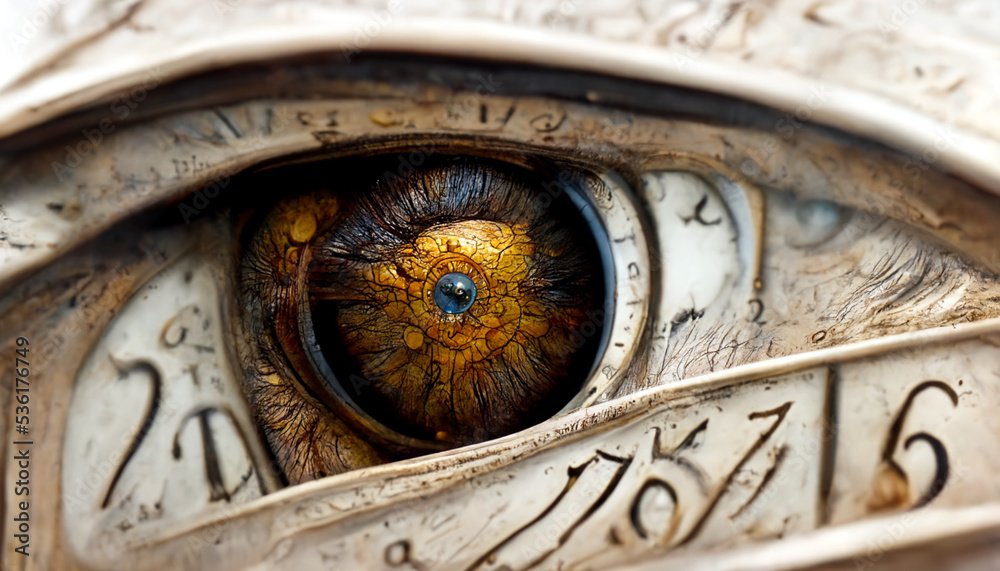 Eye of time. Clock - eye. The eye of an ancient animal. Imagination ...