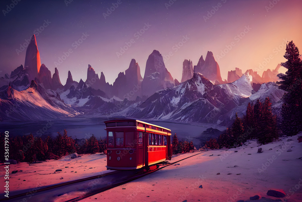 Fantasy digital art of a retro trolley cart on the side of a mountain ...