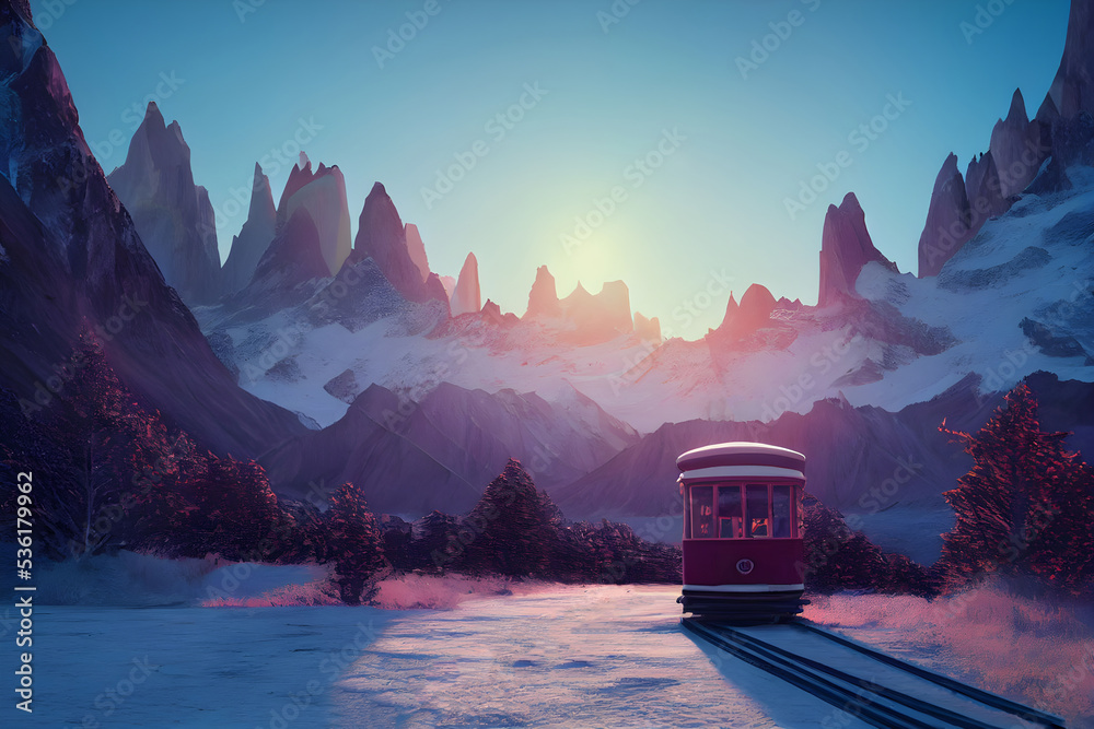 Fantasy digital art of a retro trolley cart on the side of a mountain ...