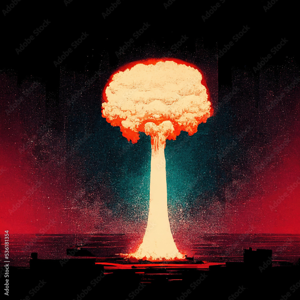 Atomic bomb in city. Aerial view. Symbol of nuclear war, end of world ...