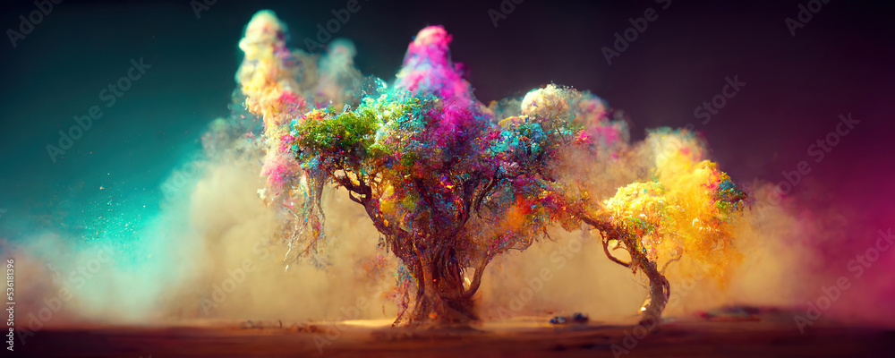 Magical fairytale tree are made of multi-colored dust. Realistic ...